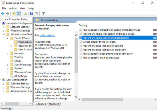 Fix: Disable Start Menu Background Customizations in Windows 10